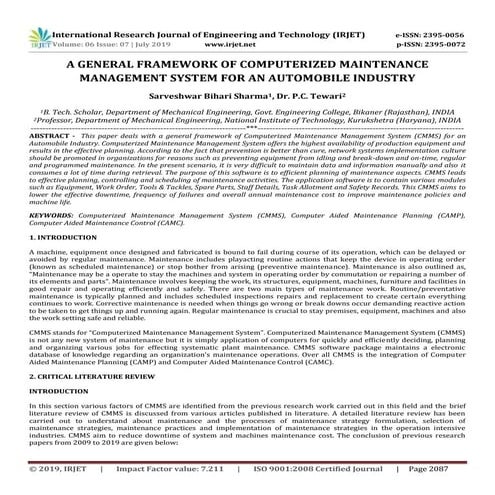 IRJET- A General Framework of Computerized Maintenance Management ...