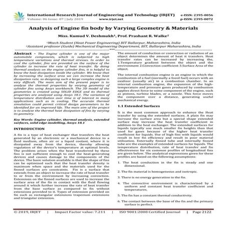 IRJET- Analysis of Engine Fin Body by Varying Geometry & Materials | PDF