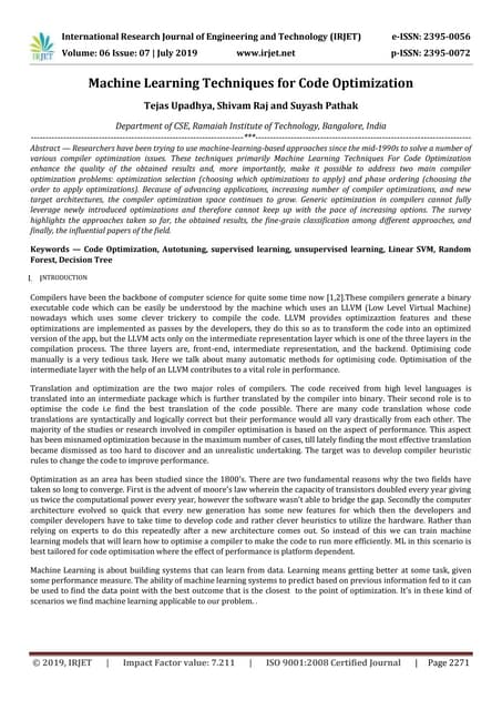 Irjet Machine Learning Techniques For Code Optimization Pdf