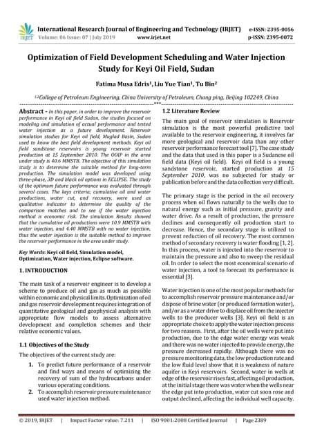 Irjet Optimization Of Field Development Scheduling And Water Injection