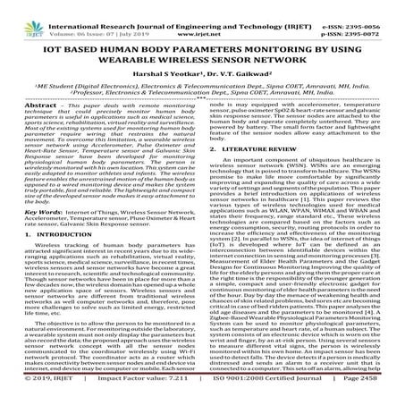 Irjet Iot Based Human Body Parameters Monitoring By Using Wearable