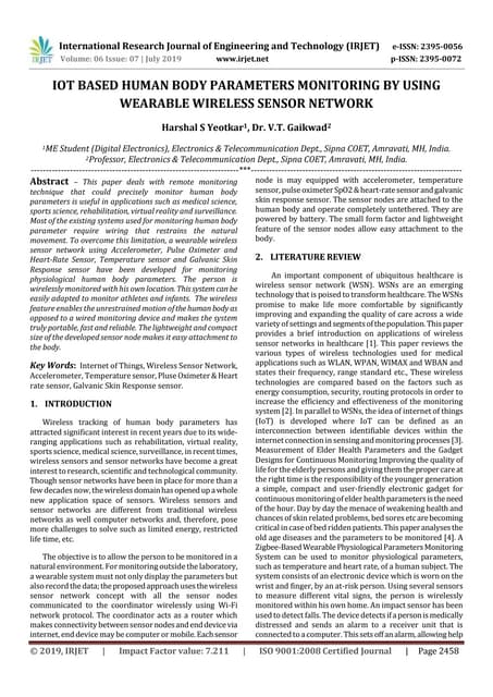 Irjet Iot Based Human Body Parameters Monitoring By Using Wearable
