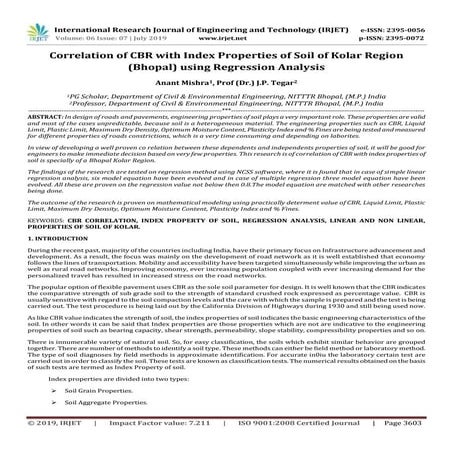 IRJET- Correlation of CBR with Index Properties of Soil of Kolar Region (Bhopal) using ...