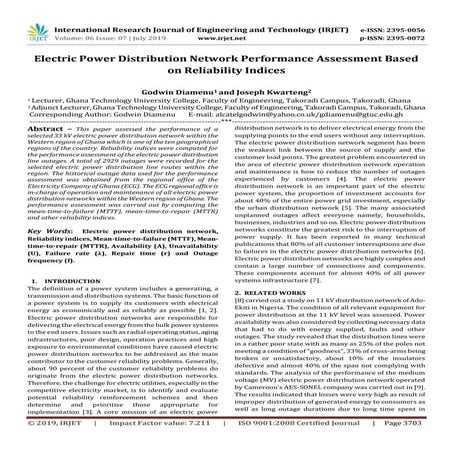 IRJET- Electric Power Distribution Network Performance Assessment based on Reliability Indices | PDF