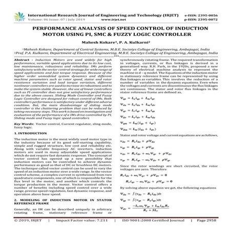 Irjet Performance Analysis Of Speed Control Of Induction Motor Using Pi Smc And Fuzzy Logic
