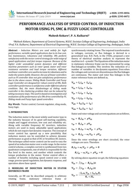 Irjet Performance Analysis Of Speed Control Of Induction Motor Using Pi Smc And Fuzzy Logic