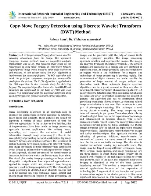 Irjet Copy Move Forgery Detection Using Discrete Wavelet Transform Dwt Method Pdf