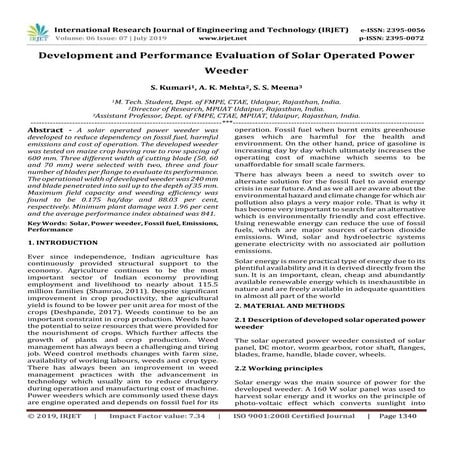 Irjet Development And Performance Evaluation Of Solar Operated Power