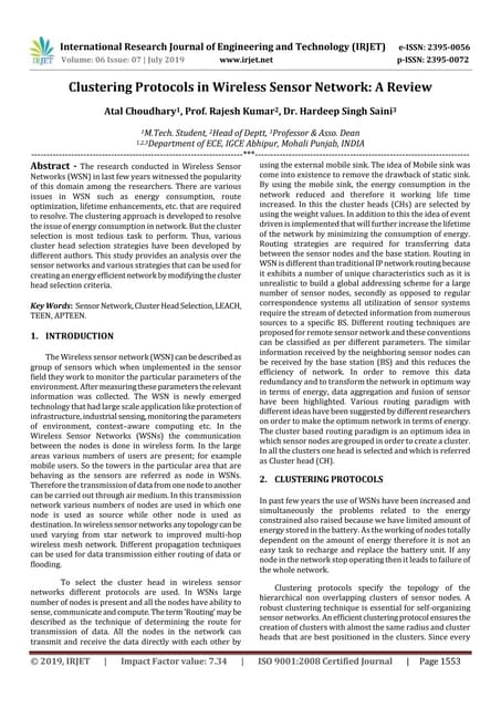 Irjet Clustering Protocols In Wireless Sensor Network A Review Pdf