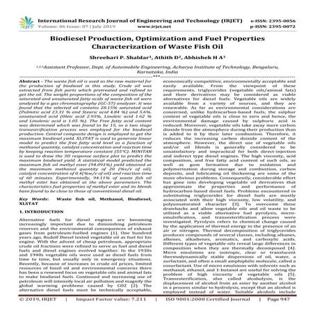 IRJET- Biodiesel Production, Optimization and Fuel Properties ...