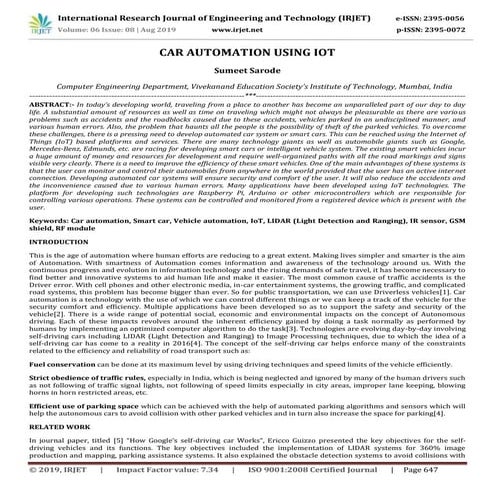 Irjet Car Automation Using Iot Pdf Internet Computing