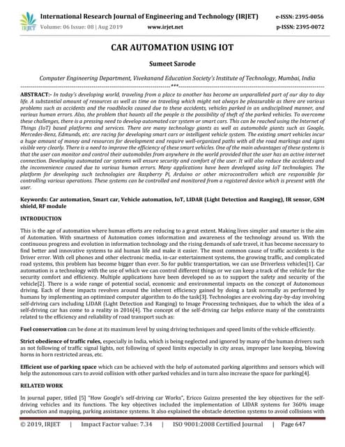 Irjet Car Automation Using Iot Pdf Internet Computing