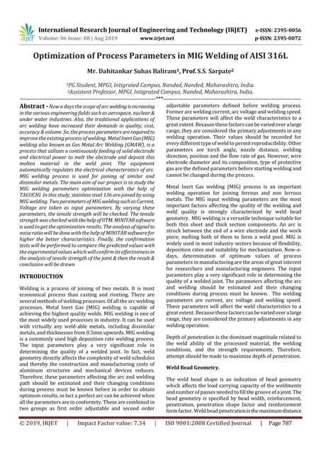 Irjet Optimization Of Process Parameters In Mig Welding Of Aisi 316l Pdf