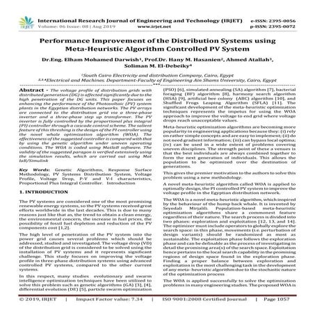 Irjet Performance Improvement Of The Distribution Systems Using Meta Heuristic Algorithm 7299