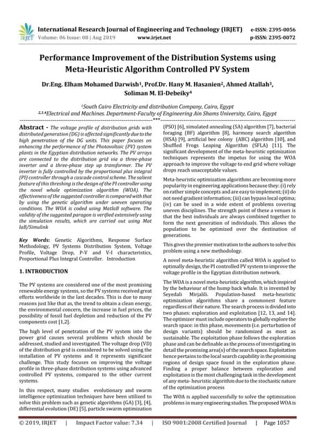 Irjet Performance Improvement Of The Distribution Systems Using Meta Heuristic Algorithm 7299