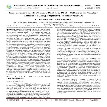 Irjet Implementation Of Iot Based Dual Axis Photo Voltaic Solar
