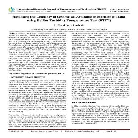 IRJET- Assessing the Genuinty of Sesame Oil Available in Markets of India using Bellier ...
