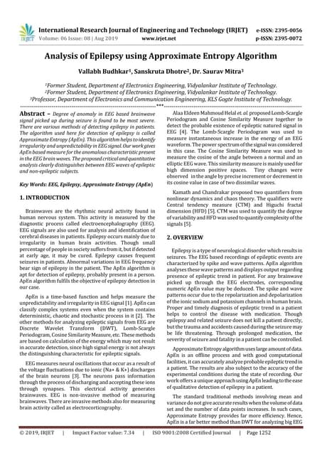 Irjet Analysis Of Epilepsy Using Approximate Entropy Algorithm Pdf