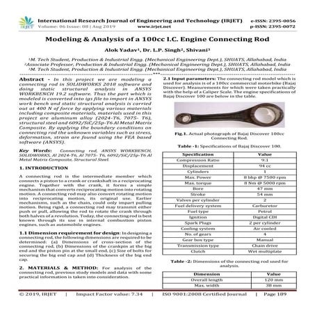 IRJET- Modeling & Analysis of a 100CC I.C. Engine Connecting ROD | PDF