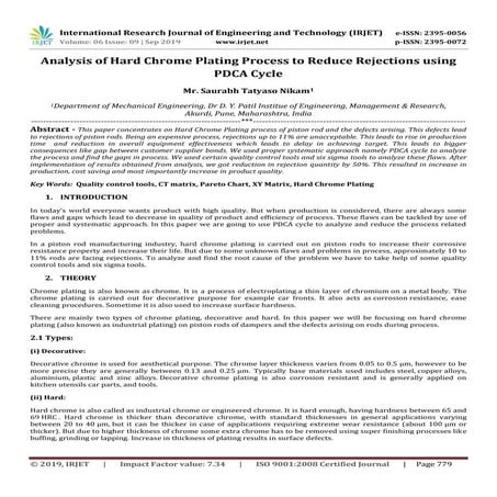 IRJET- Analysis of Hard Chrome Plating Process to Reduce Rejections using PDCA Cycle | PDF