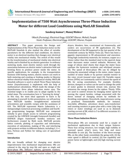 Irjet Implementation Of 7500 Watt Asynchronous Three Phase Induction Motor For Different Load