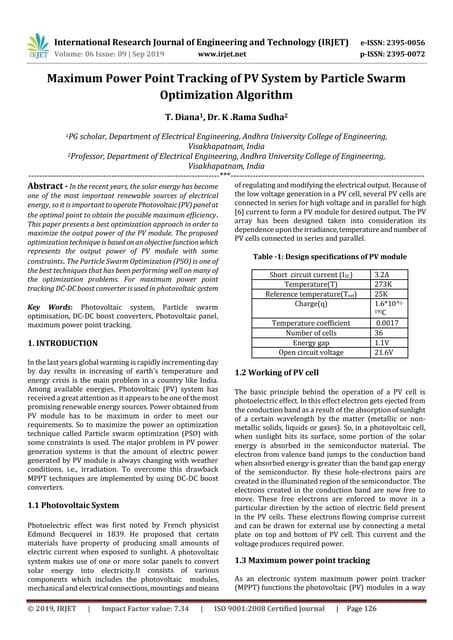 Irjet Maximum Power Point Tracking Of Pv System By Particle Swarm Optimization Algorithm Pdf