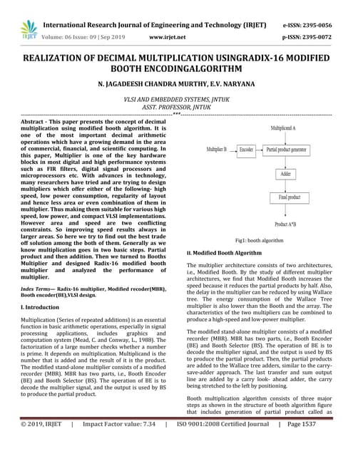 Irjet Realization Of Decimal Multiplication Using Radix 16 Modified Booth Encoding Algorithm Pdf