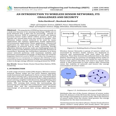 Irjet An Introduction To Wireless Sensor Networks Its Challenges And