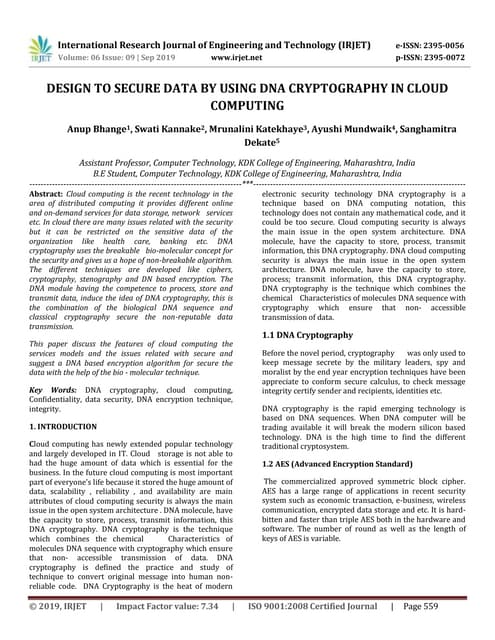 Irjet Design To Secure Data By Using Dna Cryptography In Cloud