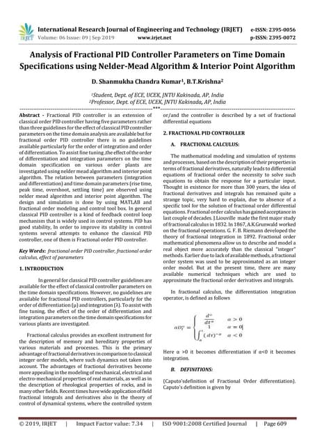 Irjet Analysis Of Fractional Pid Controller Parameters On Time Domain