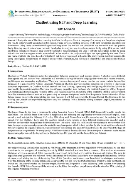 Irjet Chatbot Using Nlp And Deep Learning Pdf