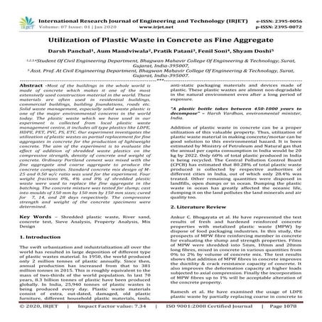 Utilization of pulverized plastic in cement concrete as fine aggregate ...