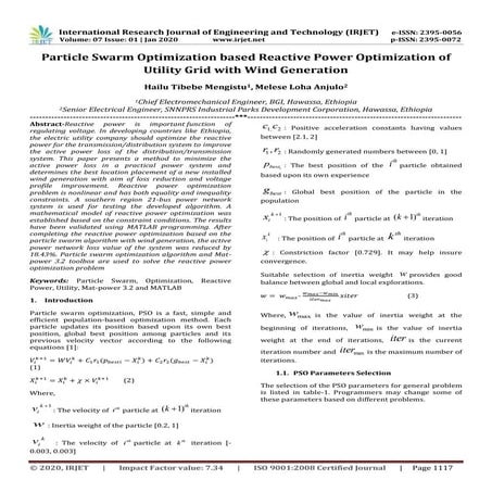 Irjet Particle Swarm Optimization Based Reactive Power Optimization Of Utility Grid With Wind 