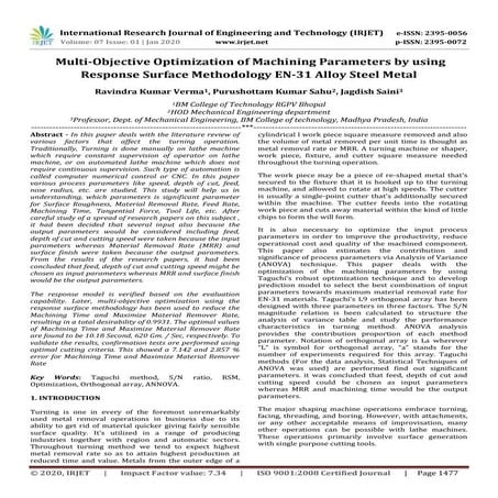 Irjet Multi Objective Optimization Of Machining Parameters By Using