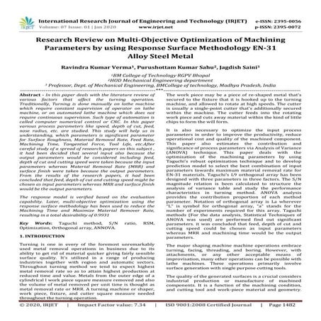 Irjet Research Review On Multi Objective Optimization Of Machining