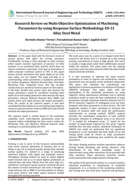 Irjet Research Review On Multi Objective Optimization Of Machining