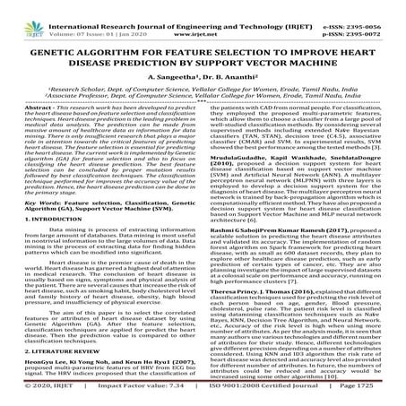 Irjet Genetic Algorithm For Feature Selection To Improve Heart Disease