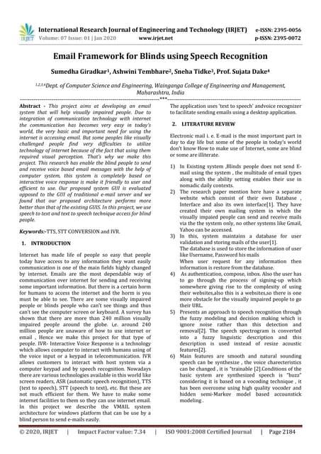 Irjet Email Framework For Blinds Using Speech Recognition Pdf