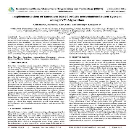 IRJET- Implementation of Emotion based Music Recommendation System using SVM Algorithm | PDF