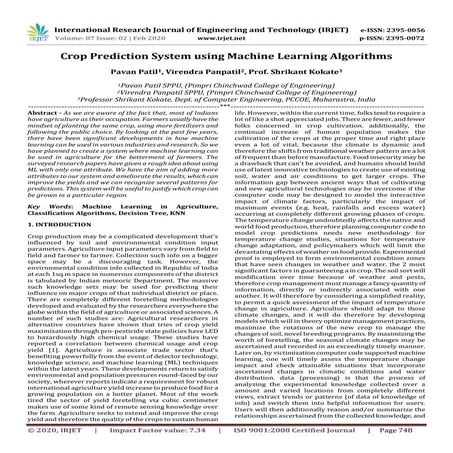 Irjet Crop Prediction System Using Machine Learning Algorithms Pdf
