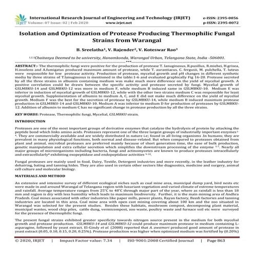 IRJET- Isolation and Optimization of Protease Producing Thermophilic Fungal Strains from ...