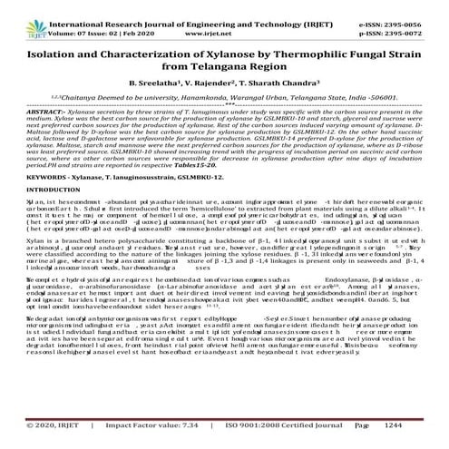 IRJET- Isolation and Characterization of Xylanose by Thermophilic Fungal Strain from Telangana ...