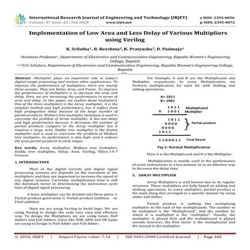 IRJET- Implementation of Low Area and Less Delay of Various Multipliers using Verilog | PDF