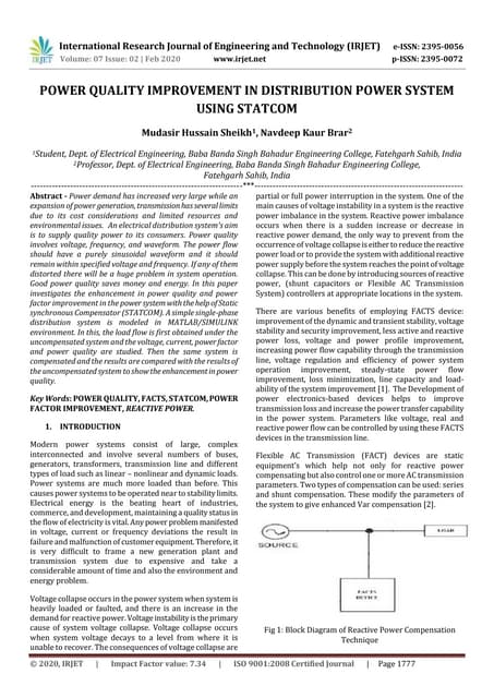 Irjet Power Quality Improvement In Distribution Power System Using Statcom Pdf