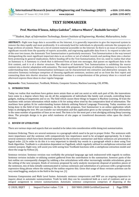 IRJET - Text Summarizer. | PDF IRJET - Text Summarizer. | PDF