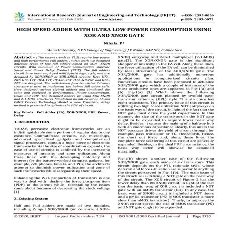 Irjet High Speed Adder With Ultra Low Power Consumption Using Xor And