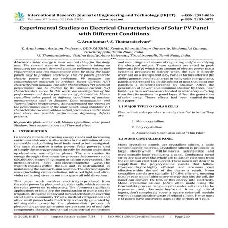 IRJET- Experimental Studies on Electrical Characteristics of Solar PV ...