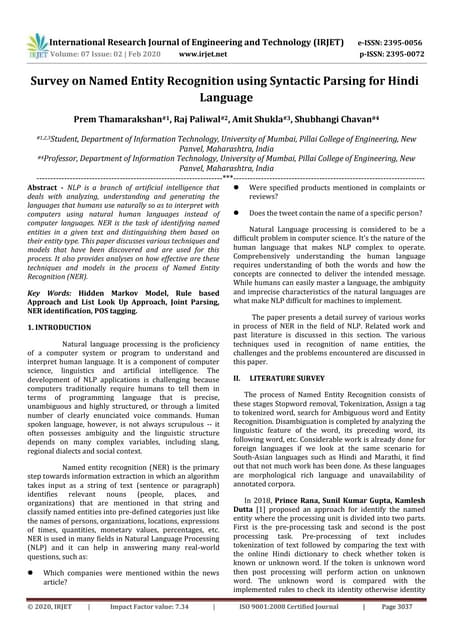 NAMED ENTITY RECOGNITION | PPTX