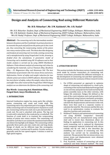 Irjet Design And Analysis Of Connecting Rod Using Different Materials