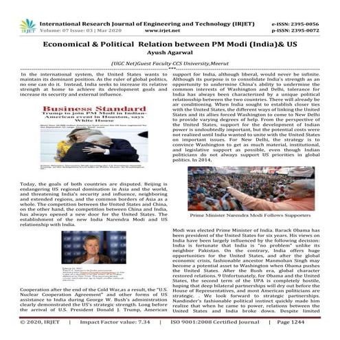 IRJET - Economical Political Relation between PM Modi (India)& US | PDF
